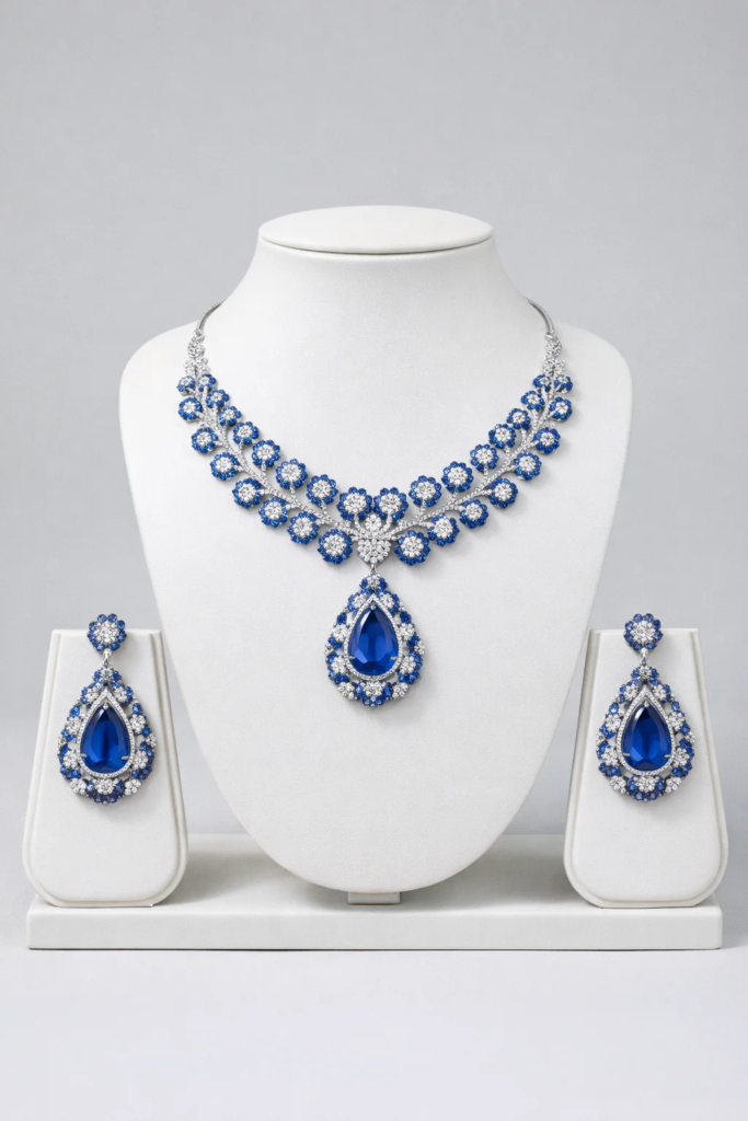 Royal Sapphire Bloom Necklace Set | Elegant Artificial Sapphire Jewellery